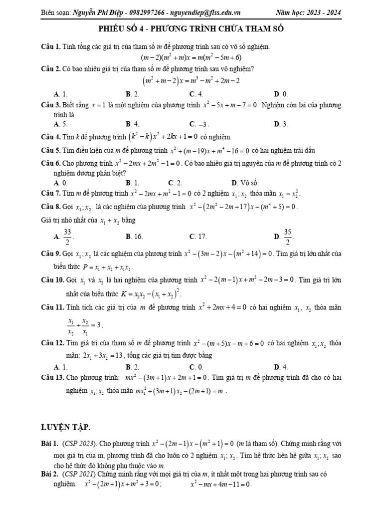 Phieu So 4 - Phuong Trinh Chua Tham So | PDF