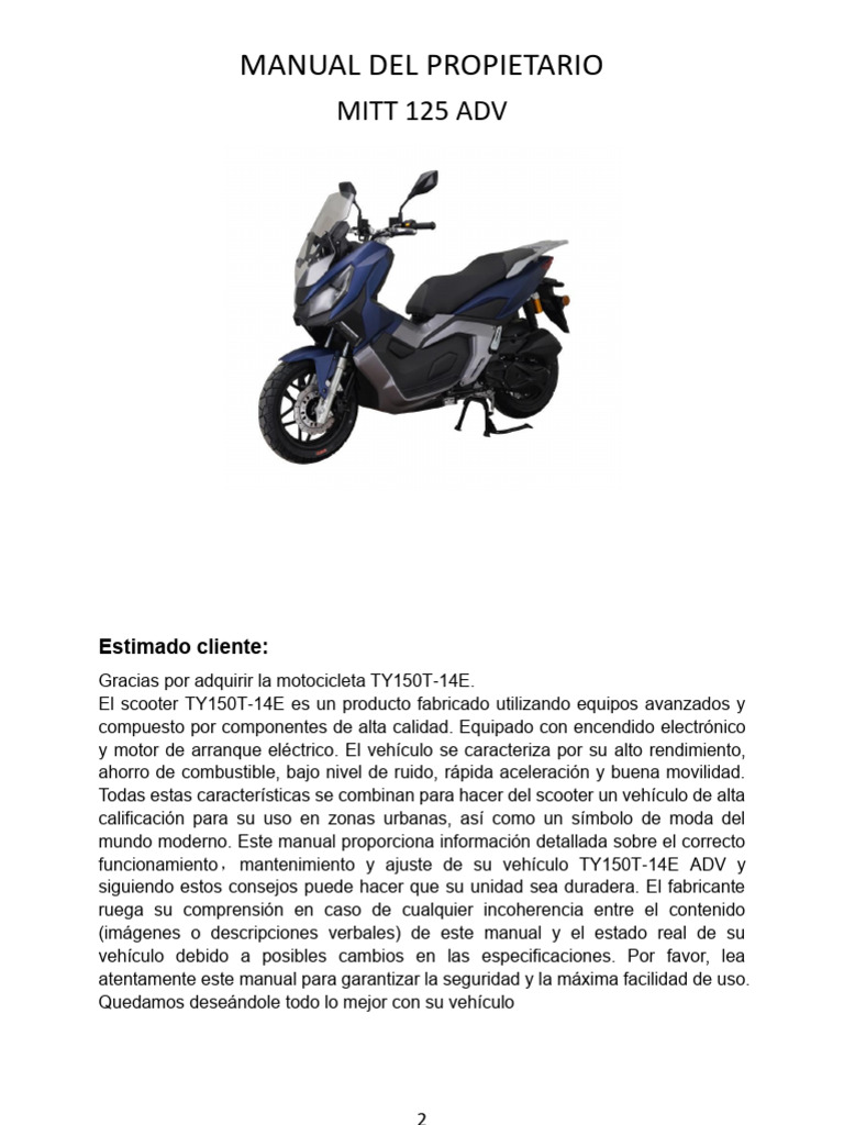 manual de utilizador mitt 125 adv | PDF | Motocicleta | Cambiar