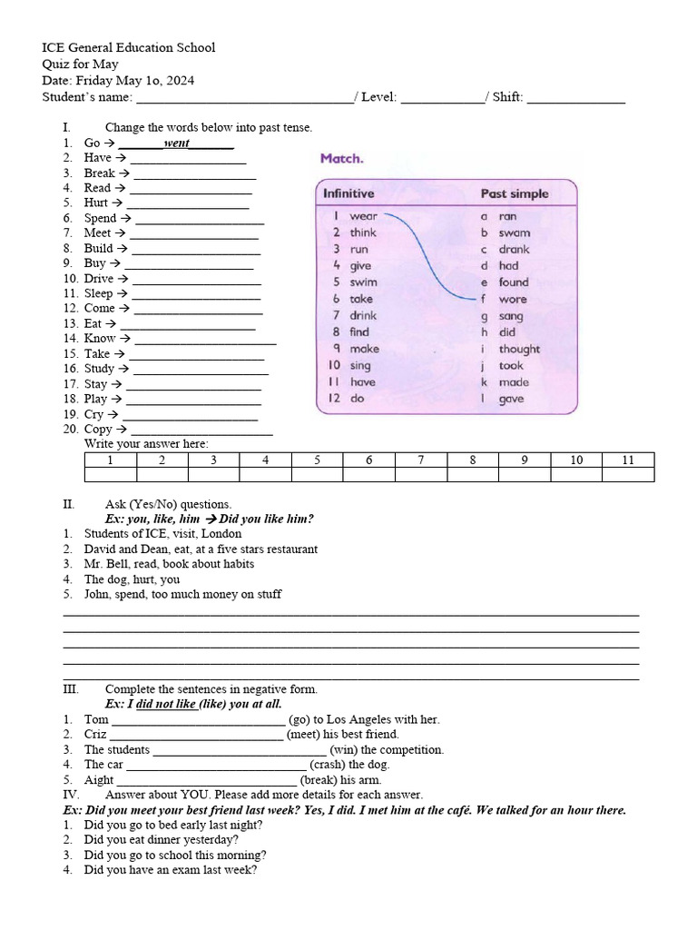 Past Simple Quiz A1 | PDF