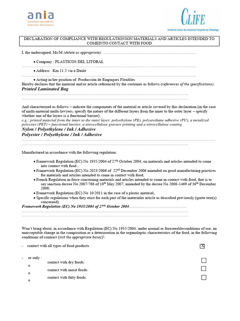 (ENG) Declaration Compliance Food Packaging ANIA-CLIFE | PDF | Materials | Secondary Sector Of ...