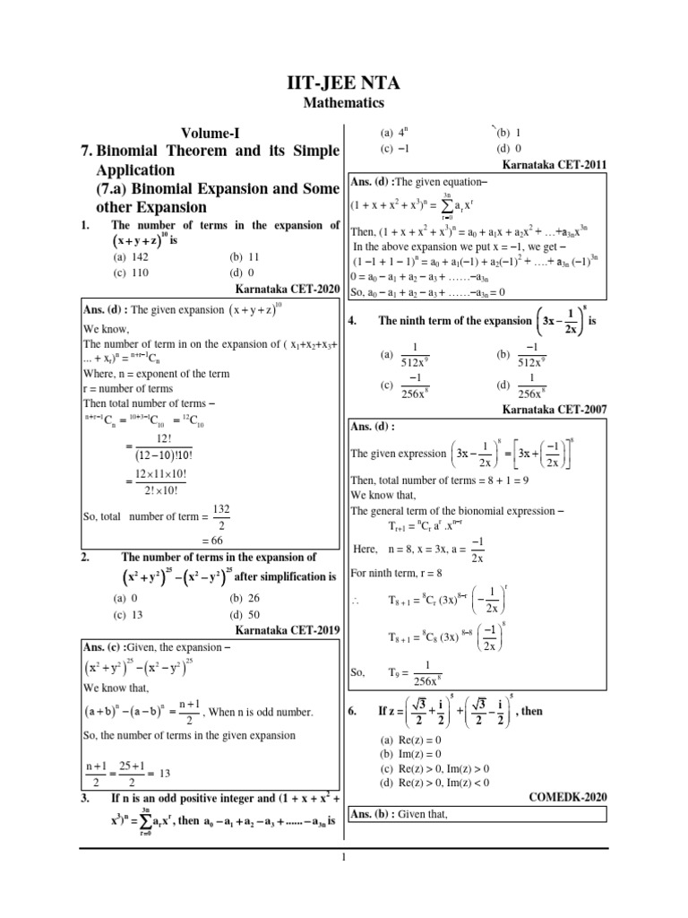 Binomial Theorem and Its Simple Application (Round-I) - 1 | PDF | Mathematics | Algebra