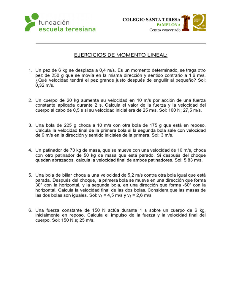 Ejercicios de Momento Lineal Resueltos | PDF