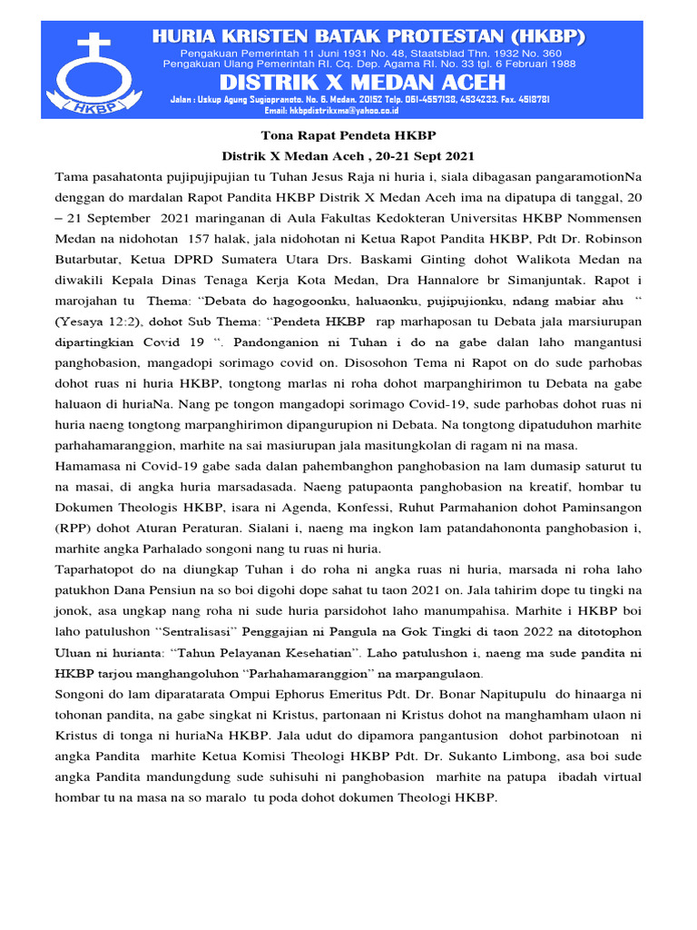 Tona Rapat Pendeta HKBP BAHASA BATAK | PDF