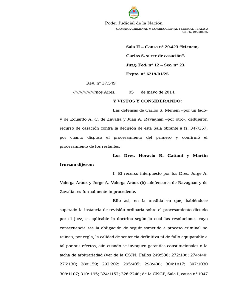 2-05-2014-MENEM-DE ZAVALIA-Conceden Casacion-p-Menem-rechazan A ZAVALIA-x Fraude Rural | PDF ...