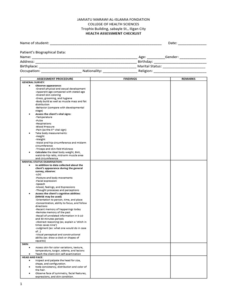 Checklist Head To Toe Assess | PDF | Human Nose | Human Leg