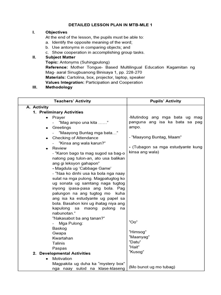DETAILED_LESSON_PLAN_IN_MTB1 | PDF