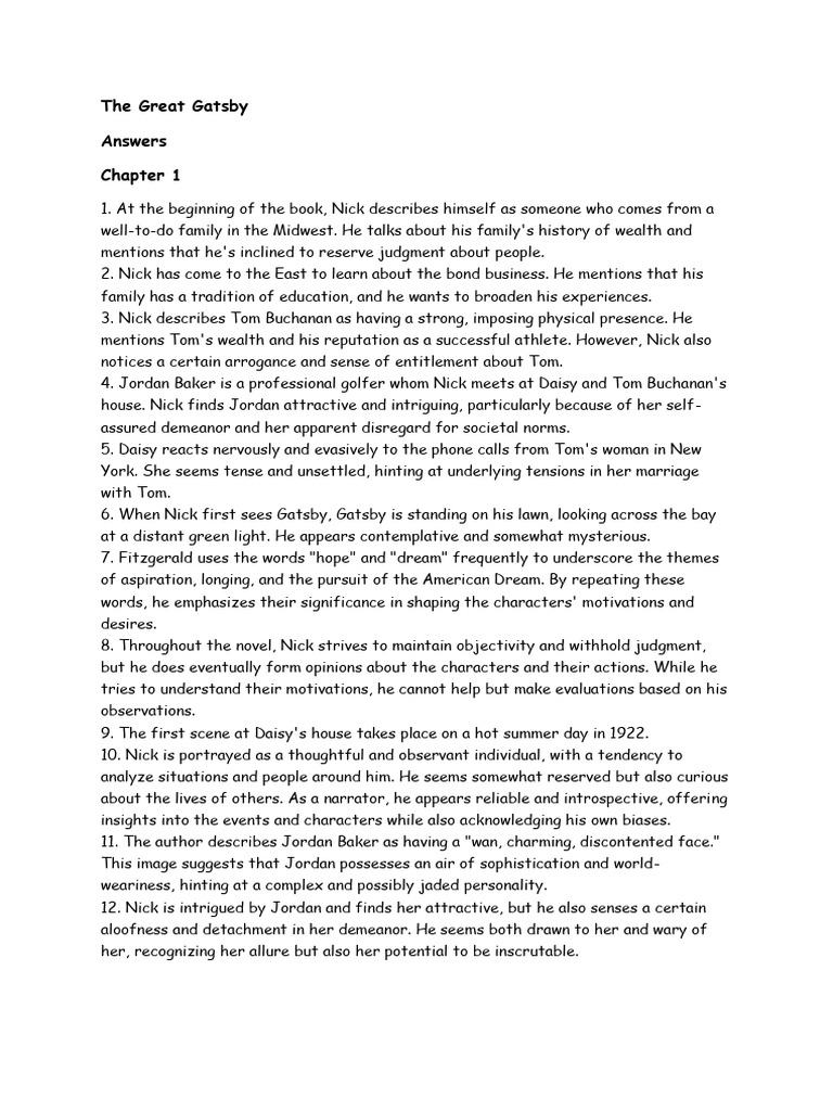 The Great Gatsby Answers Chapter 1 - 9 GR 11 HL | PDF | The Great ...