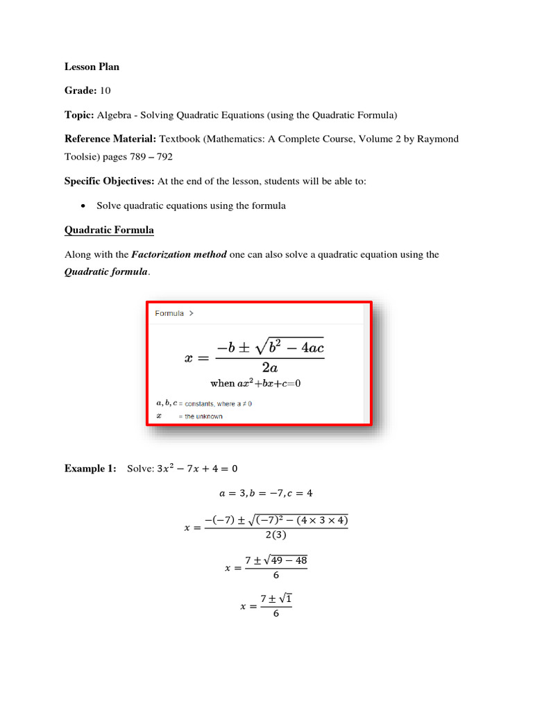 Quadratic Formula Pdf Quadratic Equation Factorization