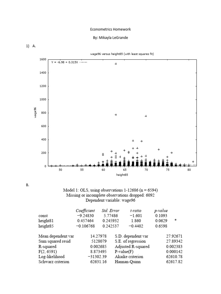 Econ. Hwk #2 | PDF | Coefficient Of Determination | Errors And Residuals