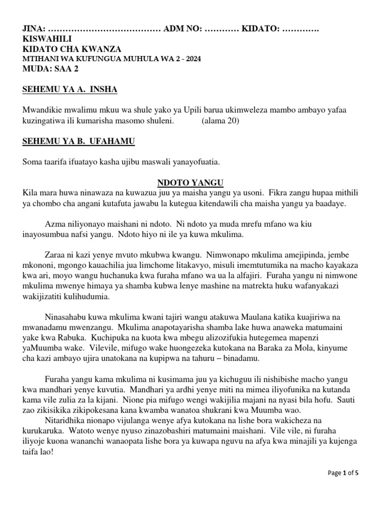 Kiswahili F1 QS | PDF