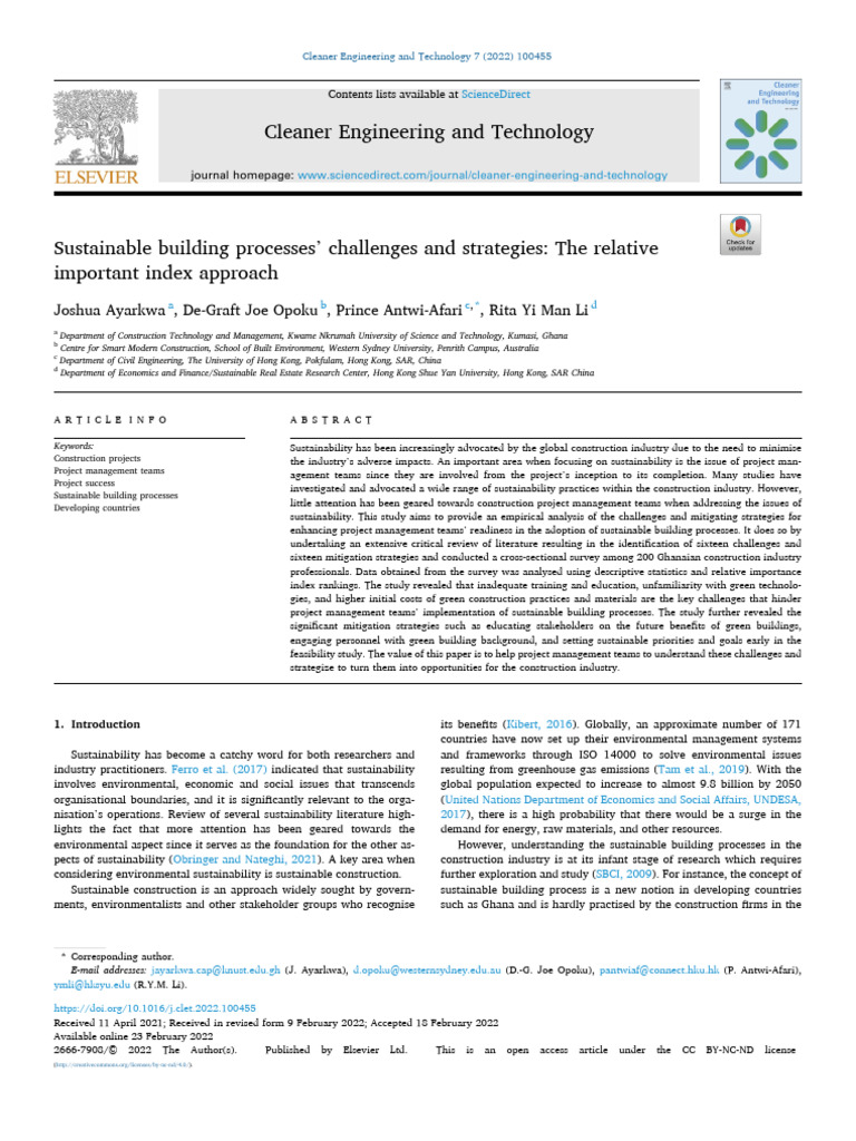 Cleaner Engineering and Technology: Joshua Ayarkwa, De-Graft Joe Opoku ...