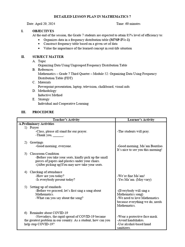 Frequency Distribution Table Lesson Plan | PDF | Lesson Plan | Learning
