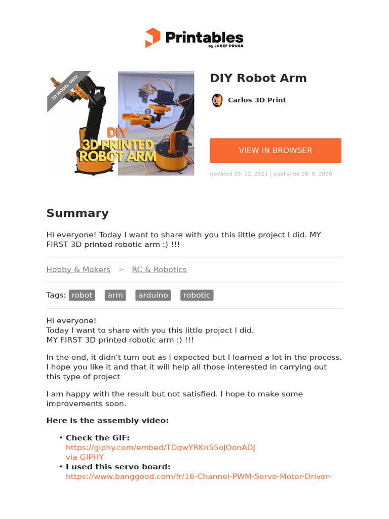 Diy Robot Arm | PDF | 3 D Printing | Computing