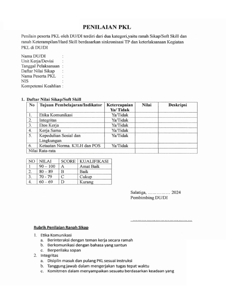 Penilaian PKL - 1 | PDF