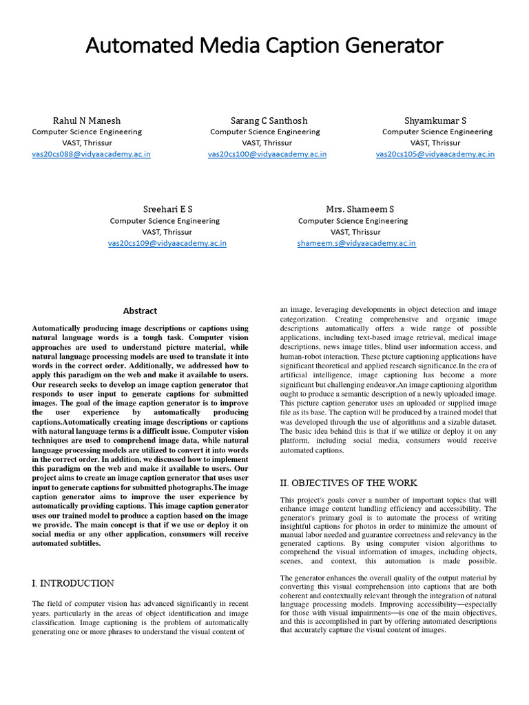 Automated Media Caption Generator | PDF | Artificial Neural Network | Computer Vision