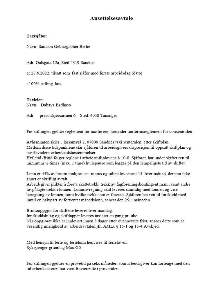 Ansettelsesavtale Godkjent Arbeidstilsynet | PDF