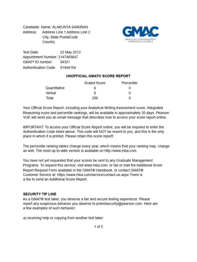 Sample Gmat Unofficial Score Report | Download Free PDF | Graduate ...