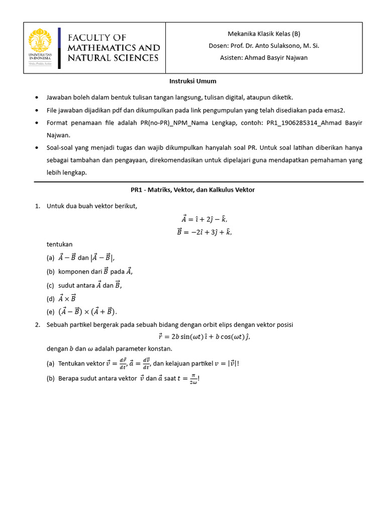 PR1 - Matriks, Vektor, Dan Kalkulus Vektor | PDF | Metode & Bahan Ajar