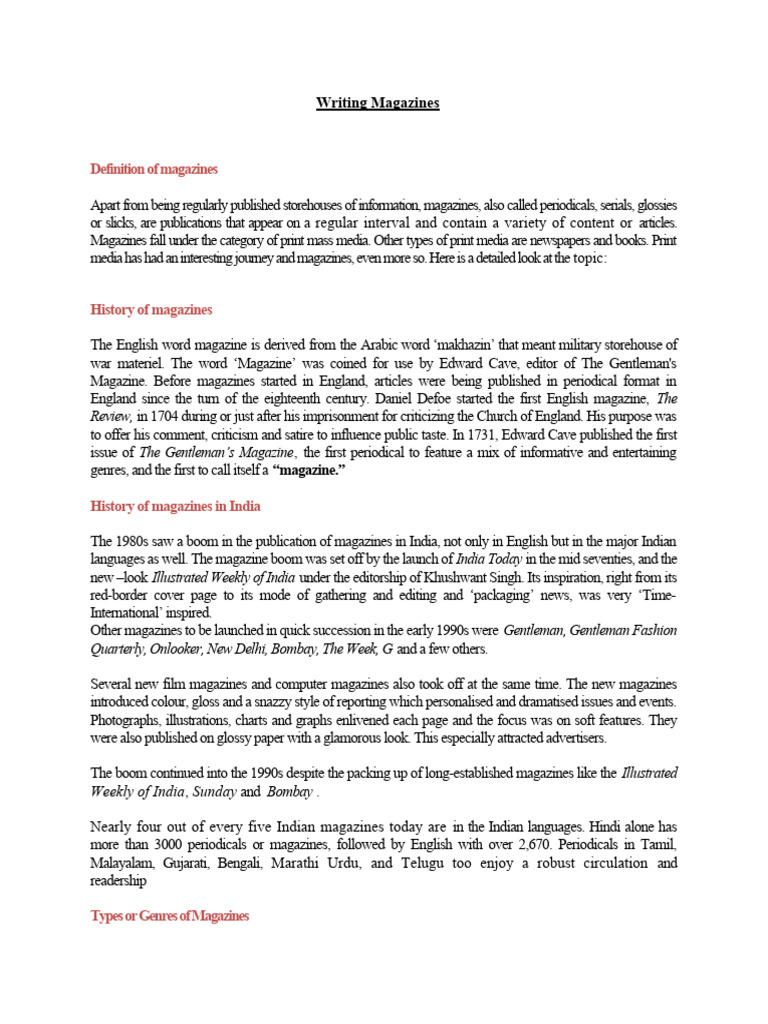 Magazines, History of Magazines and Types of Magazines | PDF ...