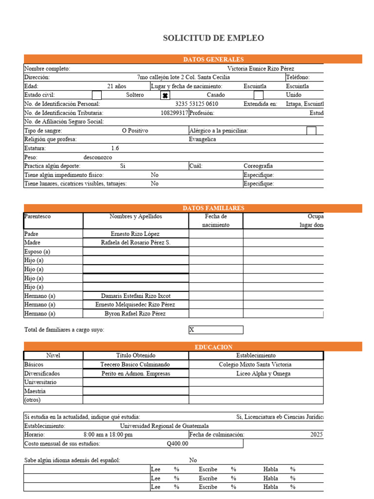 Solicitud de Empleo de Victoria Rizo | PDF | Salario | Bancos