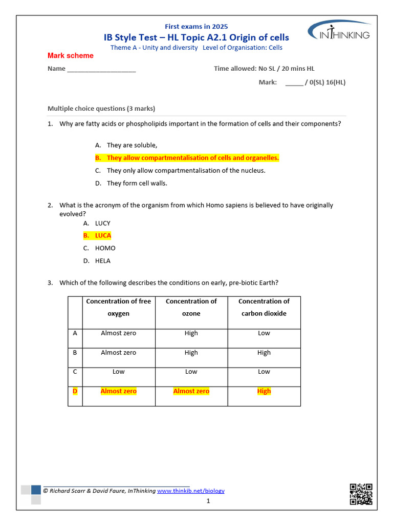 A2.1 Origin of Cells HL - Model Answers | PDF | Atmosphere | Abiogenesis