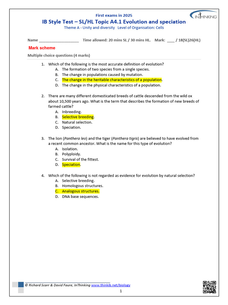 A 4.1 Evolution & Speciation - Model Answers | PDF | Evolution | Species