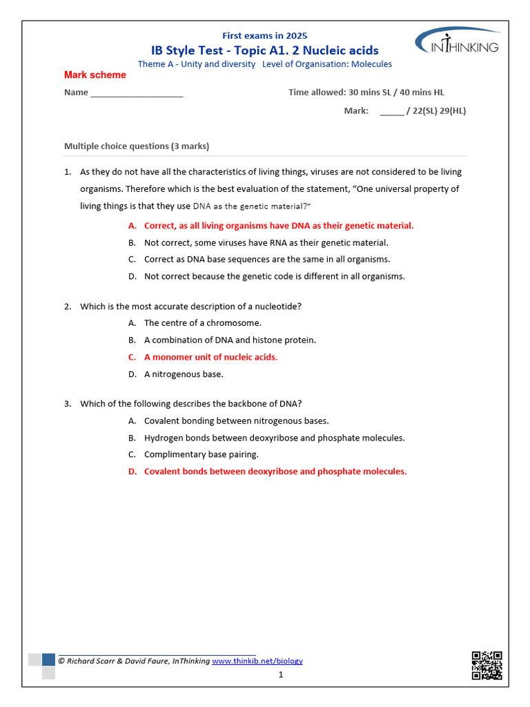 A1.2 Nucleic Acids Topic Test - Model Answers | PDF | Base Pair | Dna