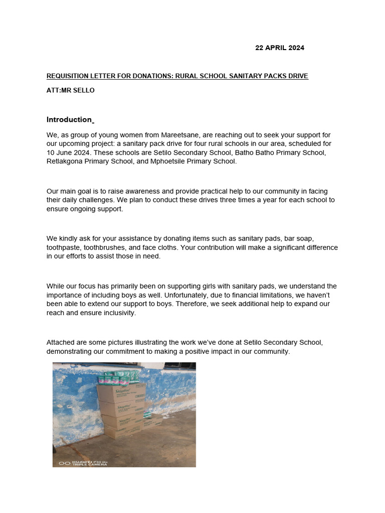 Donation Letter For Sanitary Packs | PDF | Social Science