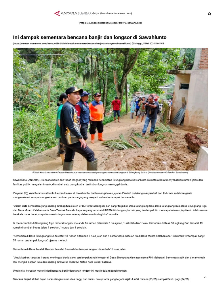 Ini Dampak Sementara Bencana Banjir Dan Longsor Di Sawahlunto - ANTARA Sumbar | PDF