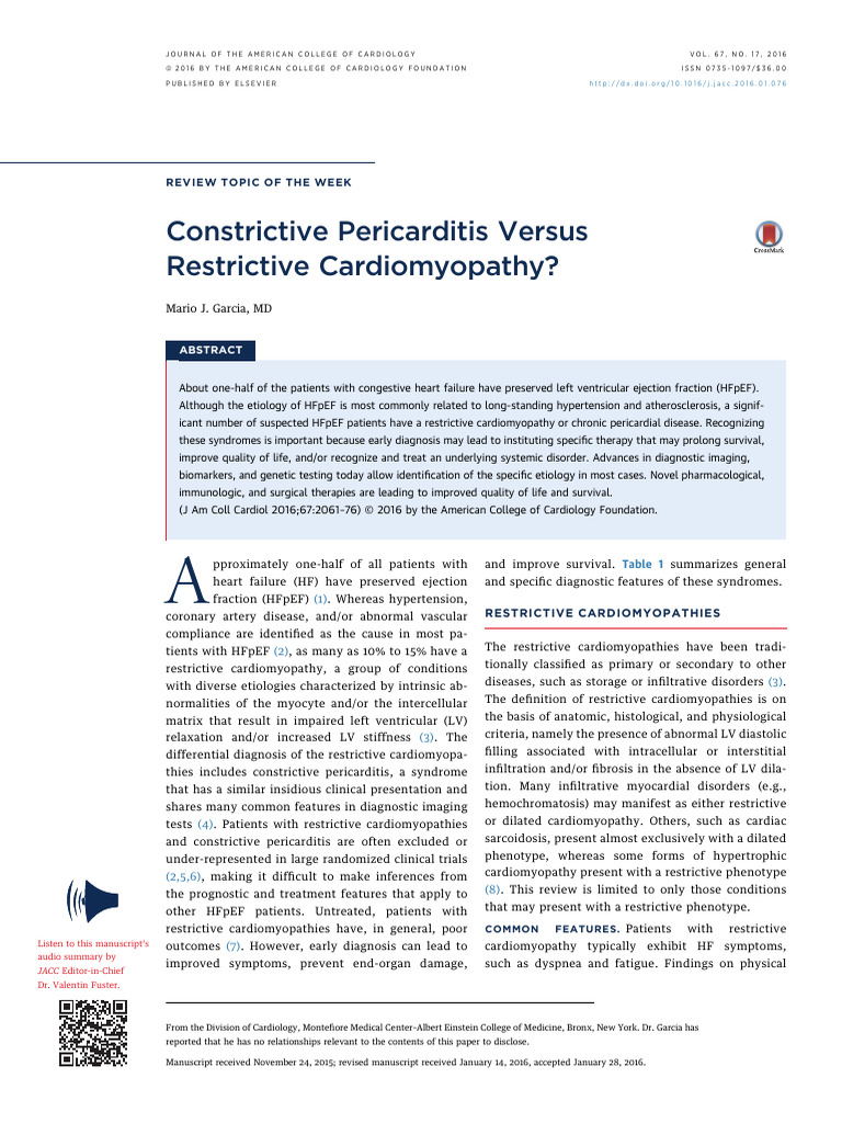 Garcia 2016 Constrictive Pericarditis Versus Restrictive Cardiomyopathy ...
