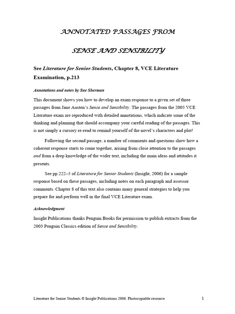 Exam Guide: Annotations on Austen's Text | PDF | Elinor Dashwood ...