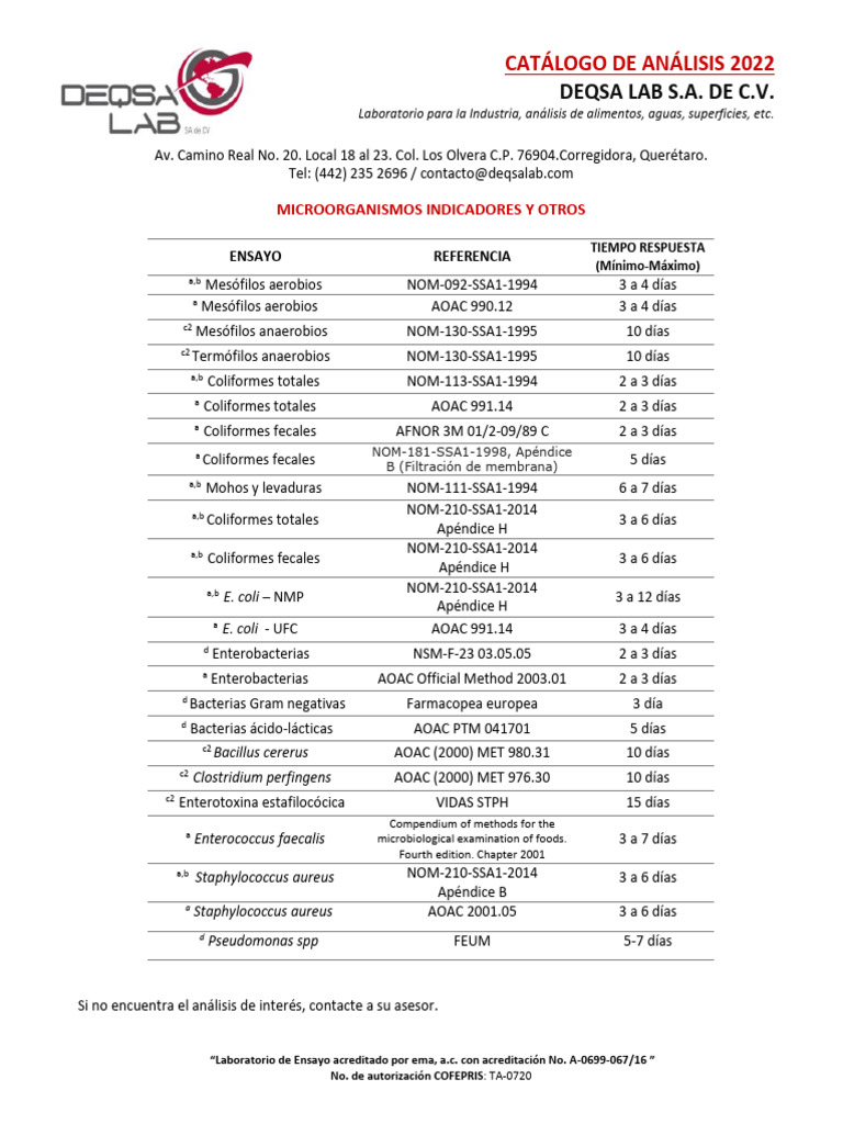 Catálogo de Análisis Deqsa Lab SP 2022 | PDF | Escherichia coli | Agua