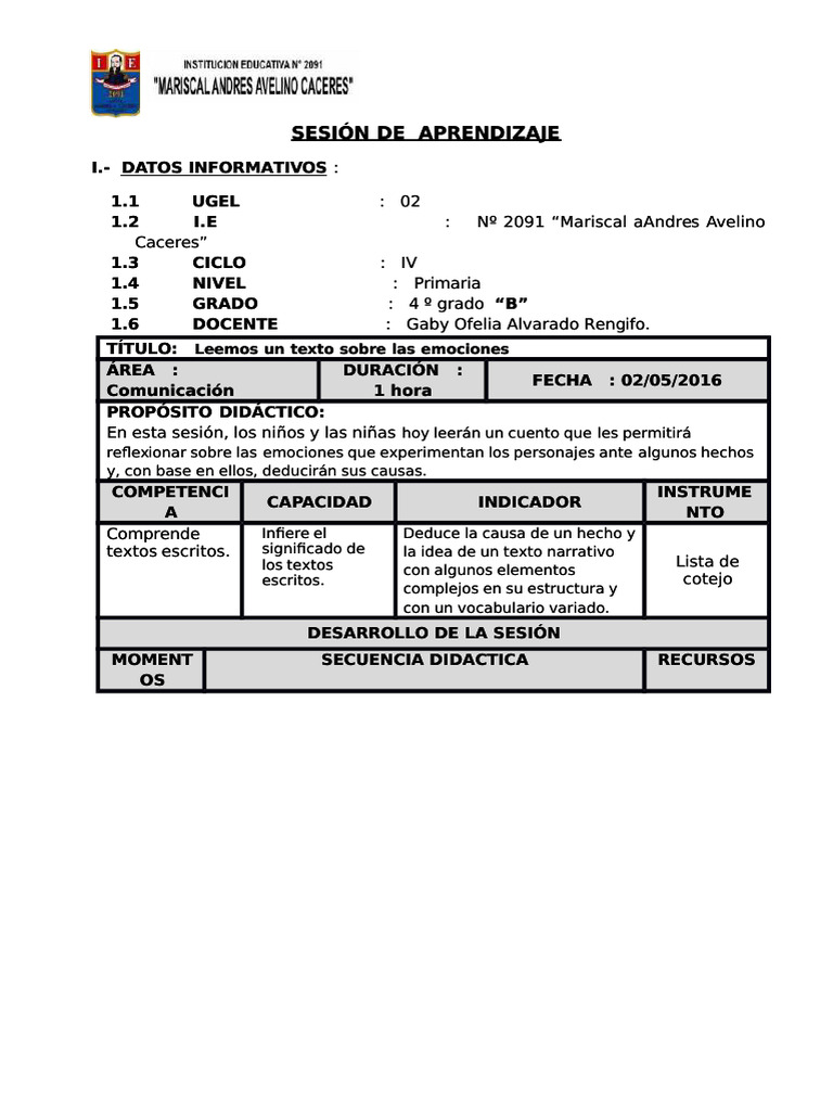 Sesión de Aprendizaje: Emociones en Primaria | PDF