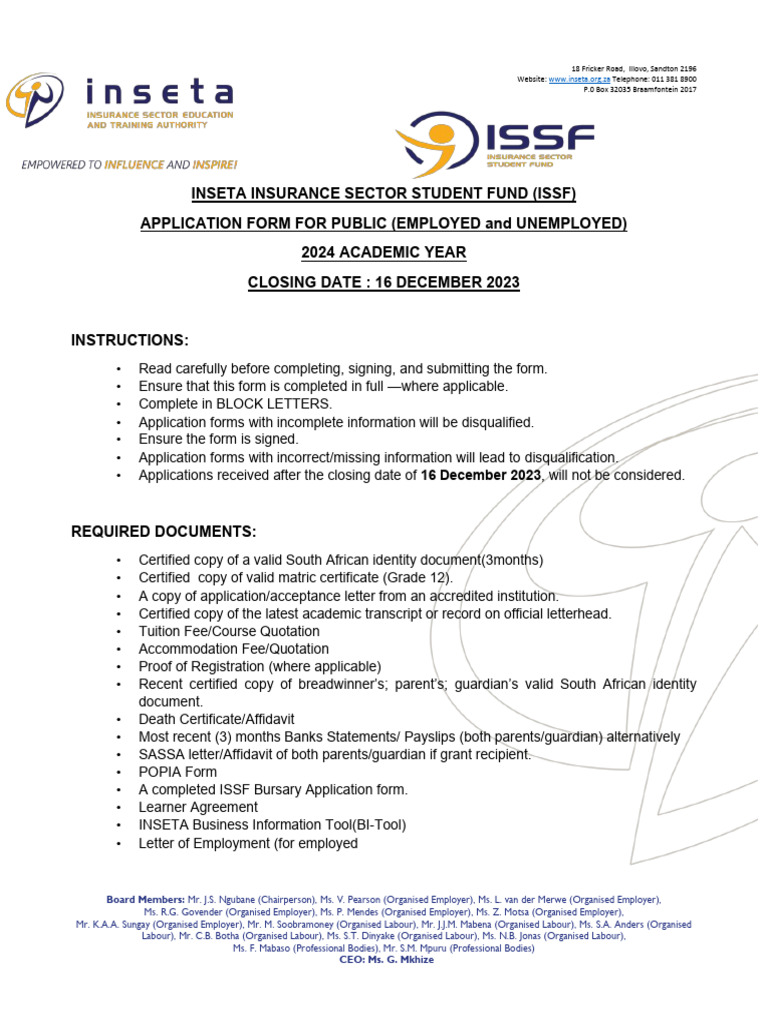 INSETA ISSF Bursary Application Form 2024 | PDF