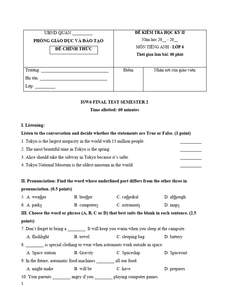 Đề KT HK2 TA6 Smart World | PDF