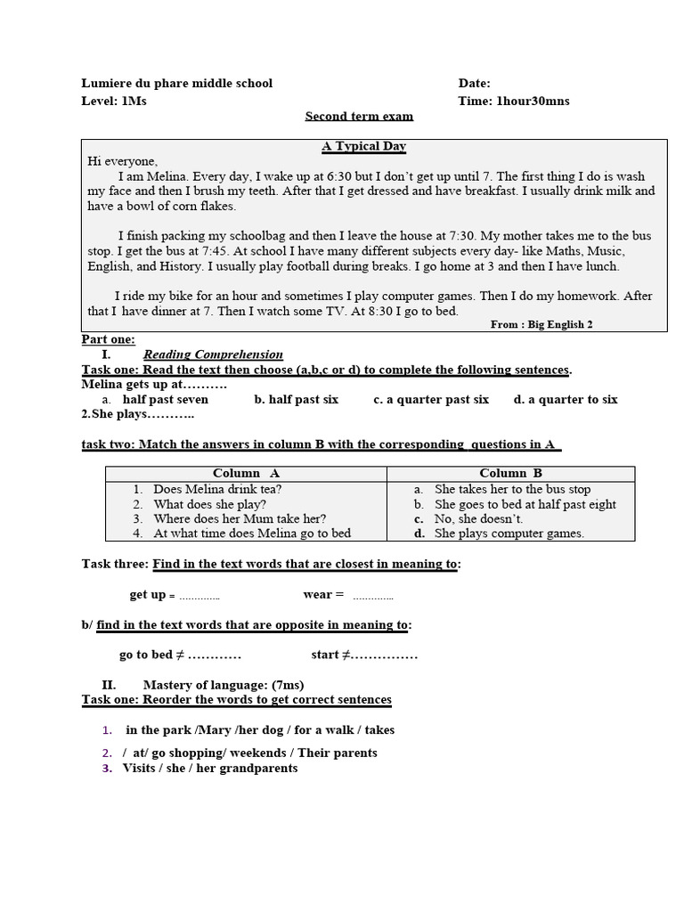 Student Exam: Daily Routine | PDF | Word | Linguistic Typology