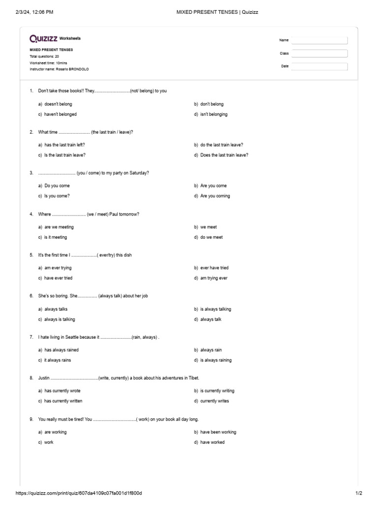 Mixed Present Tenses Quiz | PDF | Language Arts & Discipline | Art