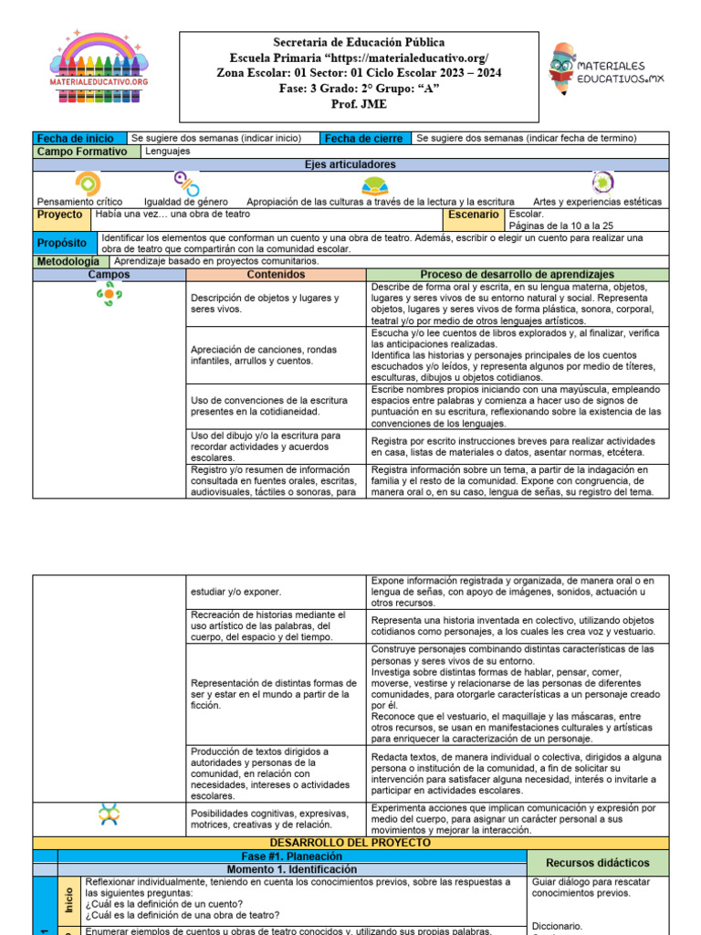 Planeacion Del 2do Grado 05 Había Una Vez Una Obra de Teatro 2023-2024 | PDF | Teatro | Cuentos