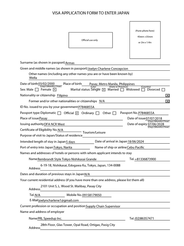 Visa Application Form To Enter Japan: Single | PDF | Travel Visa | Passport