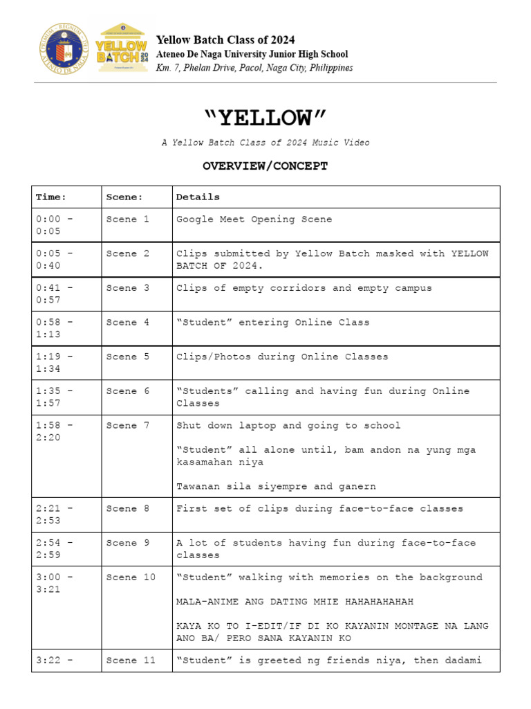 Yellow Batch 2024 Music Video Overview | PDF