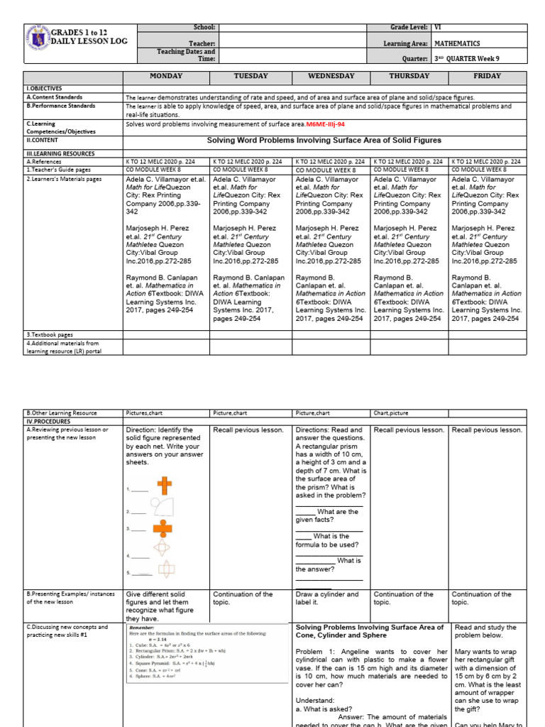 DLL Mathematics-6 Q3 W9 | PDF | Area | Geometry