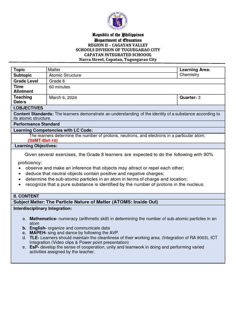 Grade 8 Chemistry: Atomic Structure Lesson | PDF | Ion | Atoms