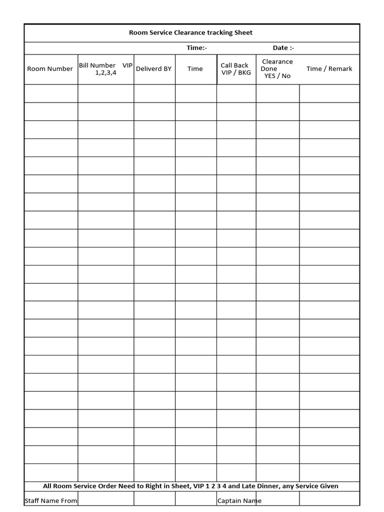 Room Service Clearance Tracking Sheet | PDF