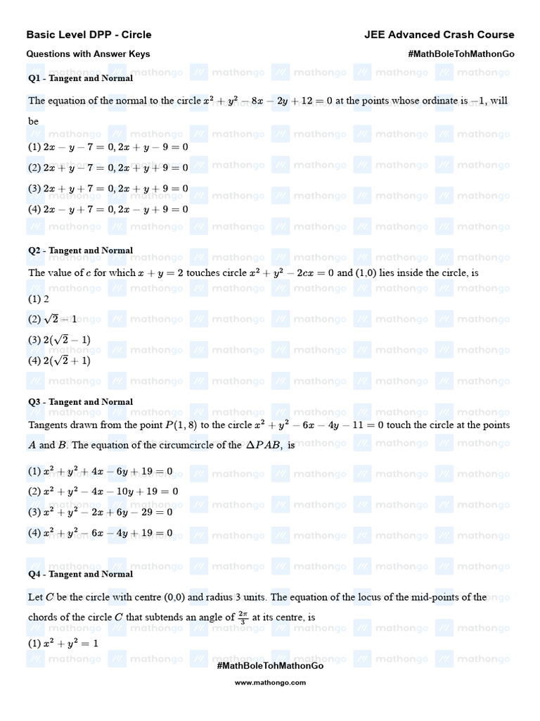 Basic Level DPP Circle Question Mathongo | PDF | Circle | Elementary Geometry