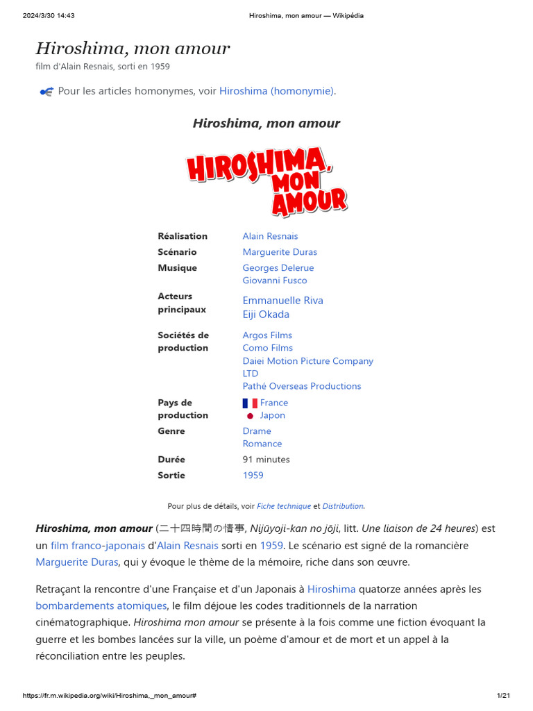 Hiroshima, mon amour : mémoire et amour | PDF