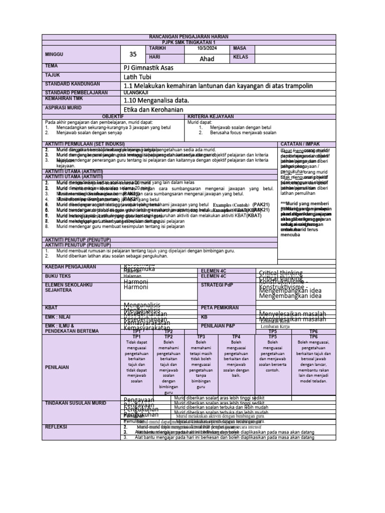 RPH SMK Minggu 35 PJPK Tingkatan 1 2024 2025 by Cikgu Gorgeous | PDF