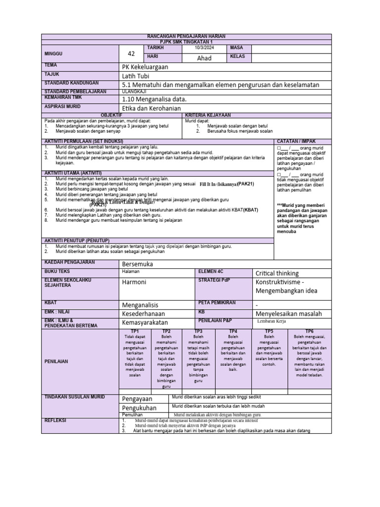 RPH SMK Minggu 42 PJPK Tingkatan 1 2024 2025 by Cikgu Gorgeous | PDF