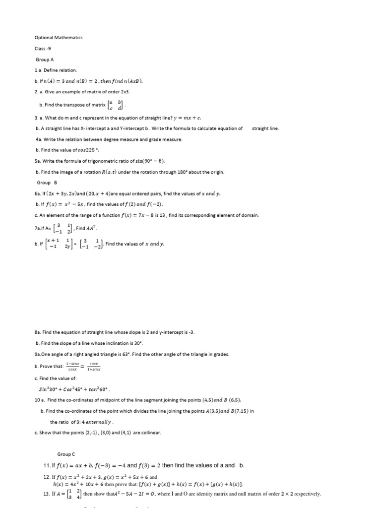 Class 9 Optional Mathematics Exercises | PDF | Triangle | Function ...