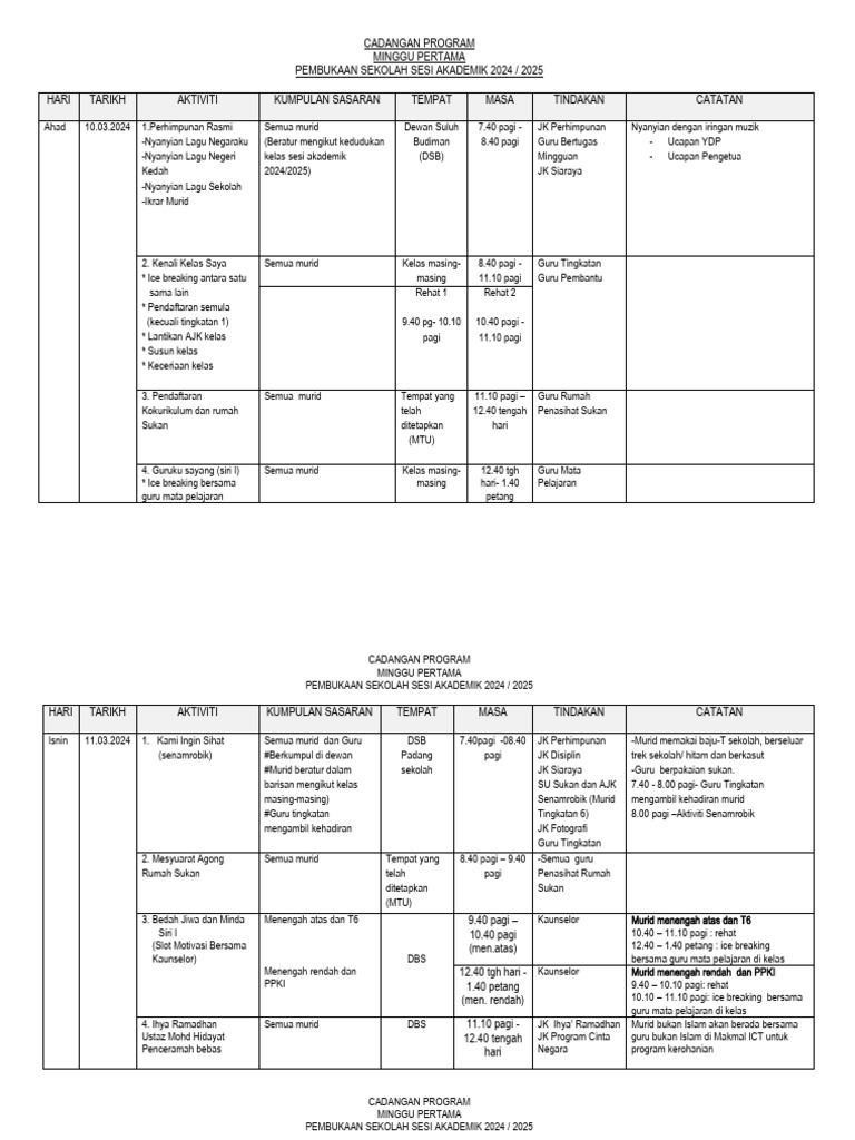 PROGRAM MINGGU PERTAMA PERSEKOLAHAN SESI 2024... 2025doc | PDF
