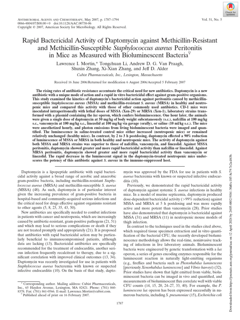 Mortin Et Al 2007 Rapid Bactericidal Activity of Daptomycin Against Methicillin Resistant and ...